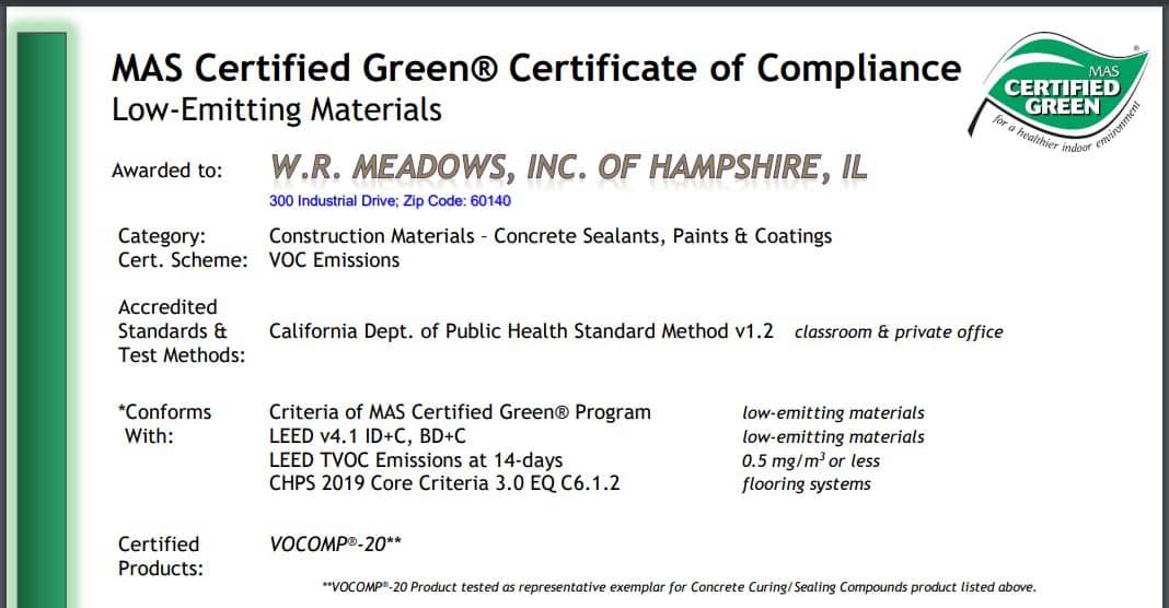CDPH VOC Emission Test Certificate (Products) - W. R. Meadows Canada